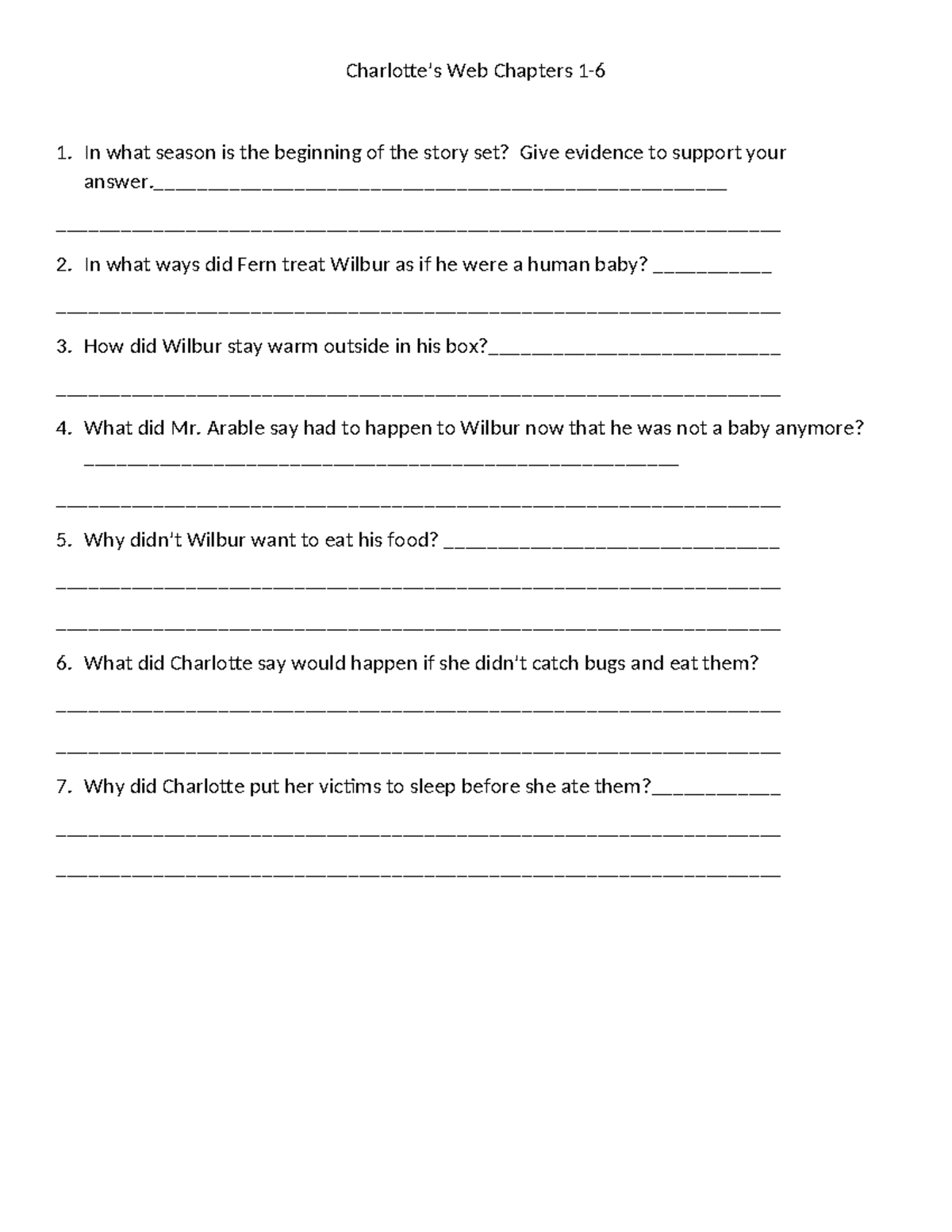 Charlotte's Web Quiz Questions (Chapters 1-22) - Studocu
