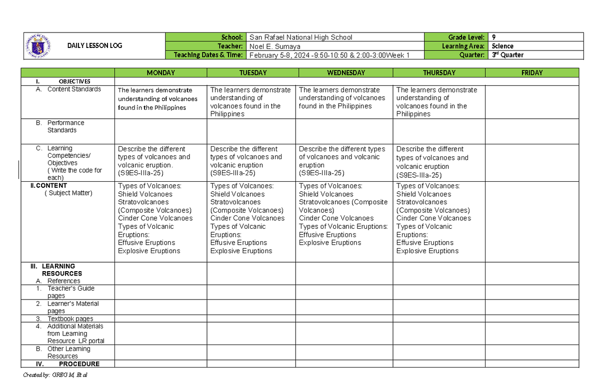 Science 9 Q3 WK1 done - DAILY LESSON LOG School: San Rafael National ...