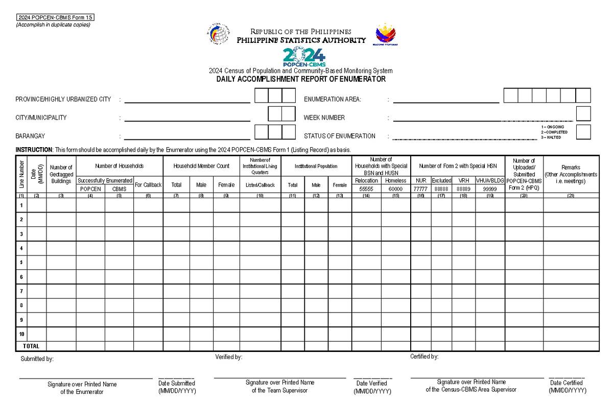 756428336 2024 Popcen CBMS Form 15 Daily Accomplishment Report of ...