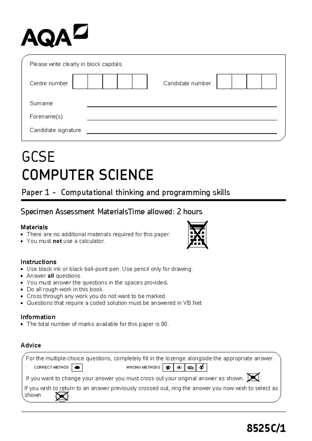 Specimen QP - Paper 1C AQA GCSE Computer Science Exam Guide - Studocu