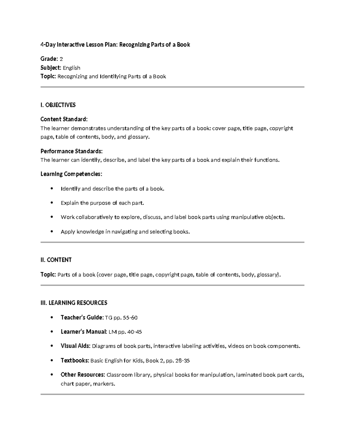 DLL 4-Day Interactive Lesson Plan: Parts of a Book for Grade 2 - Studocu
