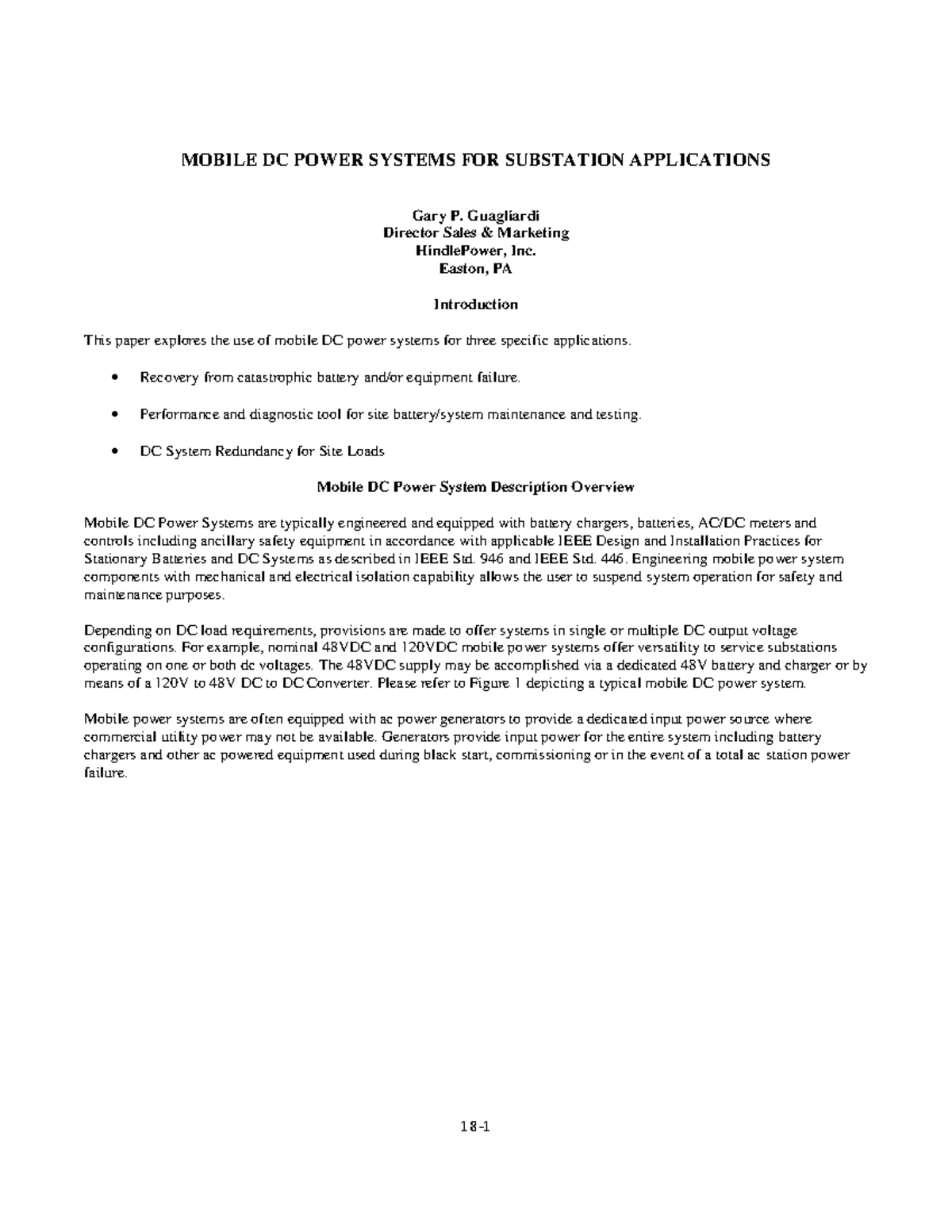 Mobile DC Power Systems for Substation Applications: Overview and ...