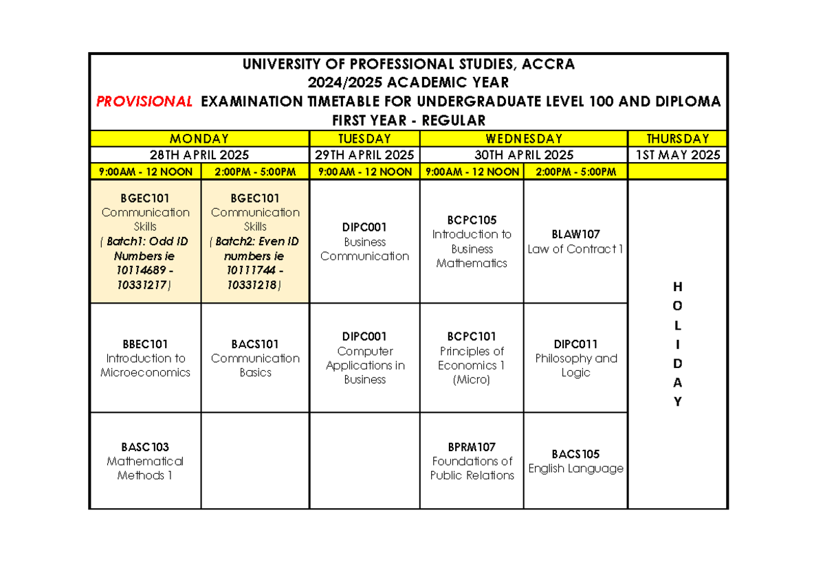 Level 100 Regular Level 100 EXAM Timetable-1st Sem-2024-2025 Ac. Yr - TUESDAY THURSDAY 29TH ...