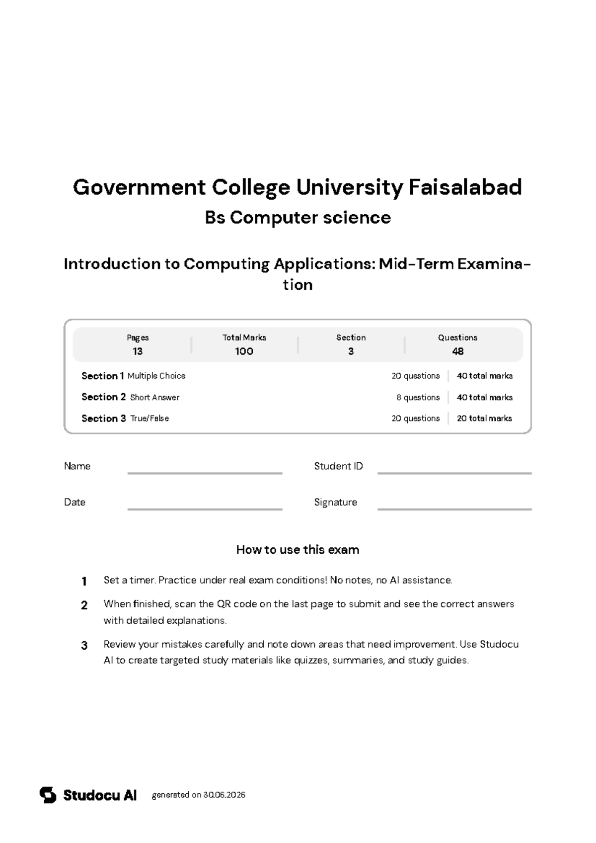 Introduction to Computing Applications: Mid-Term Exam - Studocu