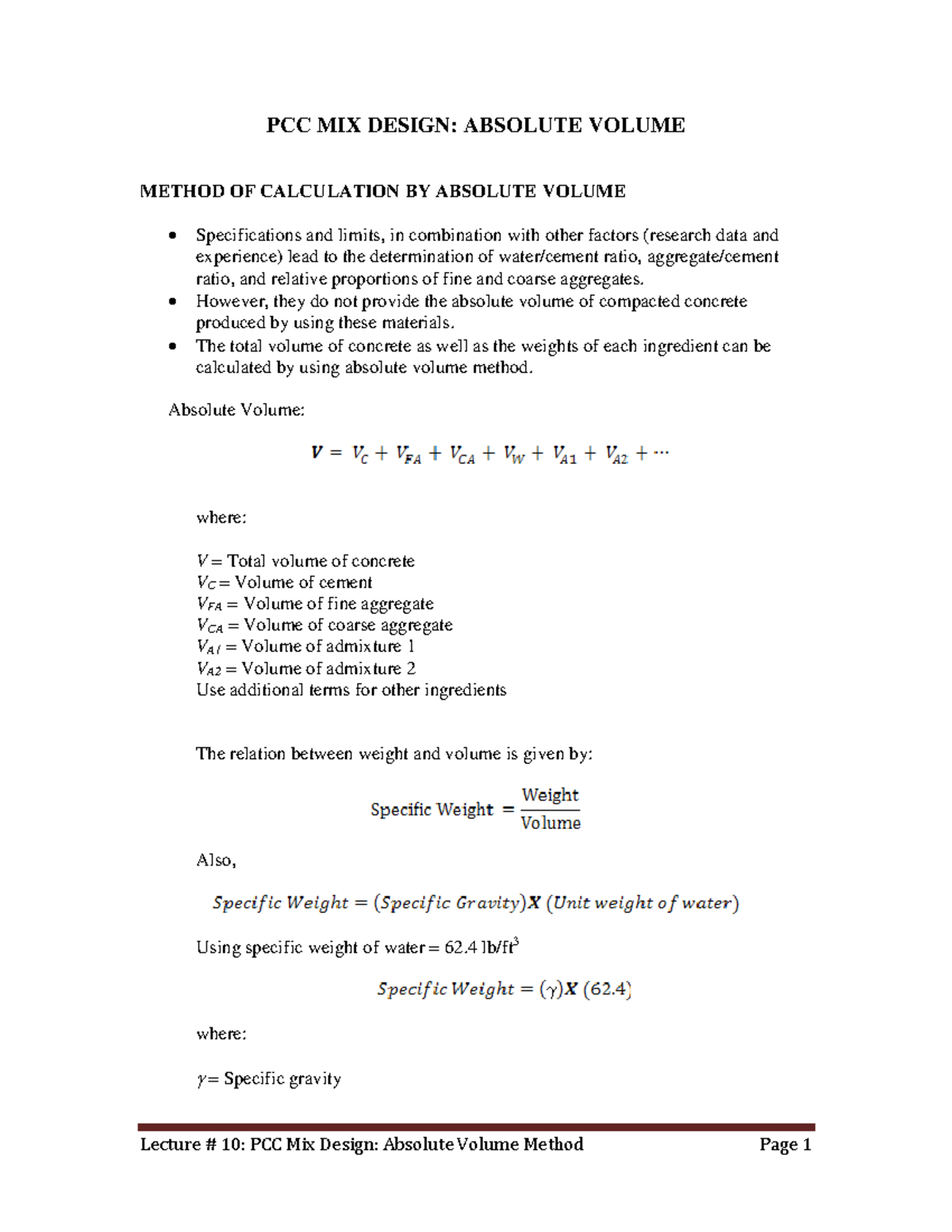 PCC Mix Design (Lecture #10): Absolute Volume Calculation Method - Studocu