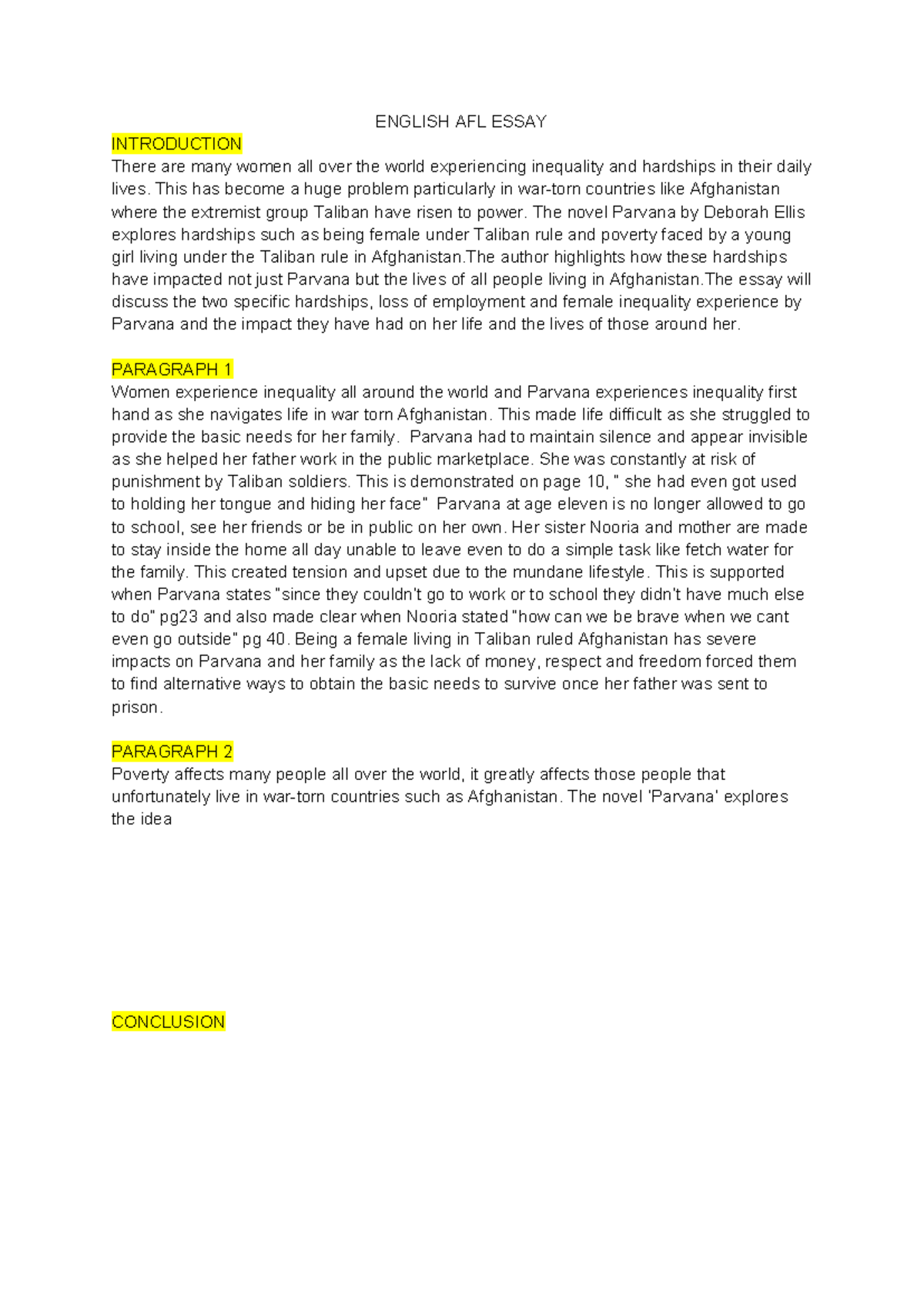 Parvana Essay Analysis - ENGLISH AFL 2023 - Studocu