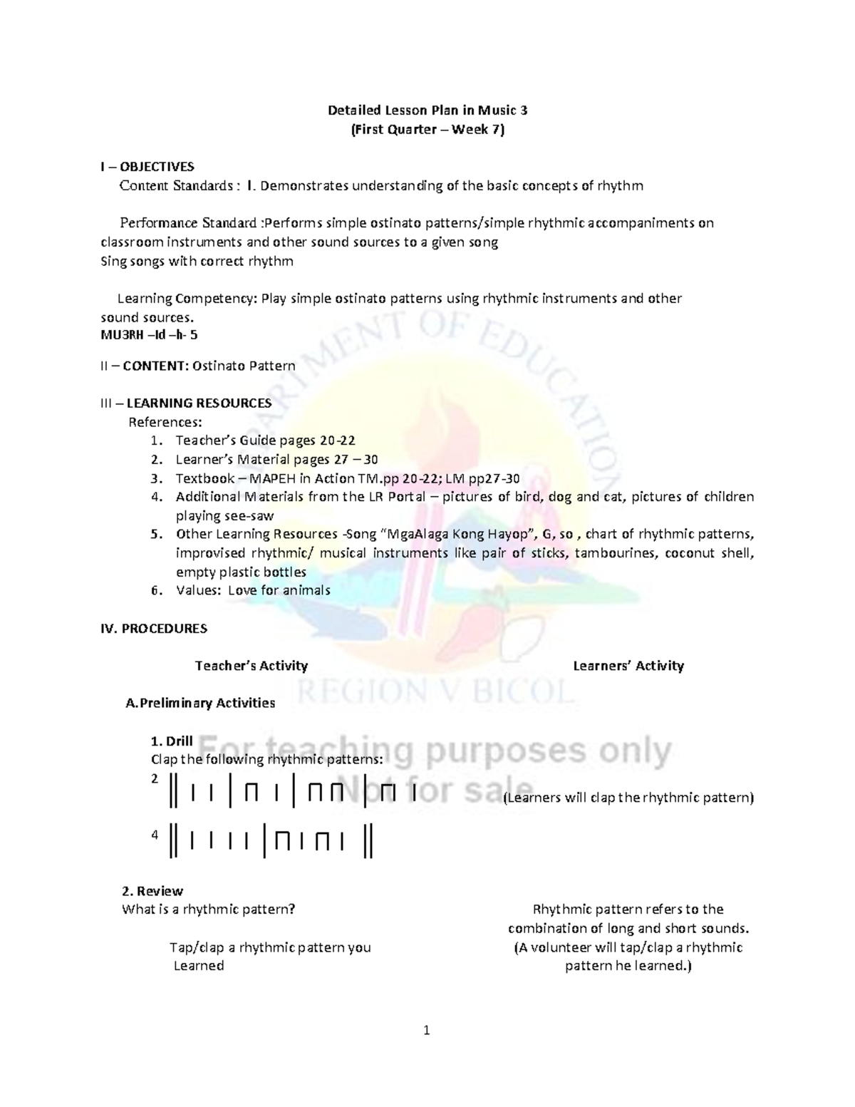 Music 3 - Detailed Lesson Plan on Ostinato Patterns - Studocu