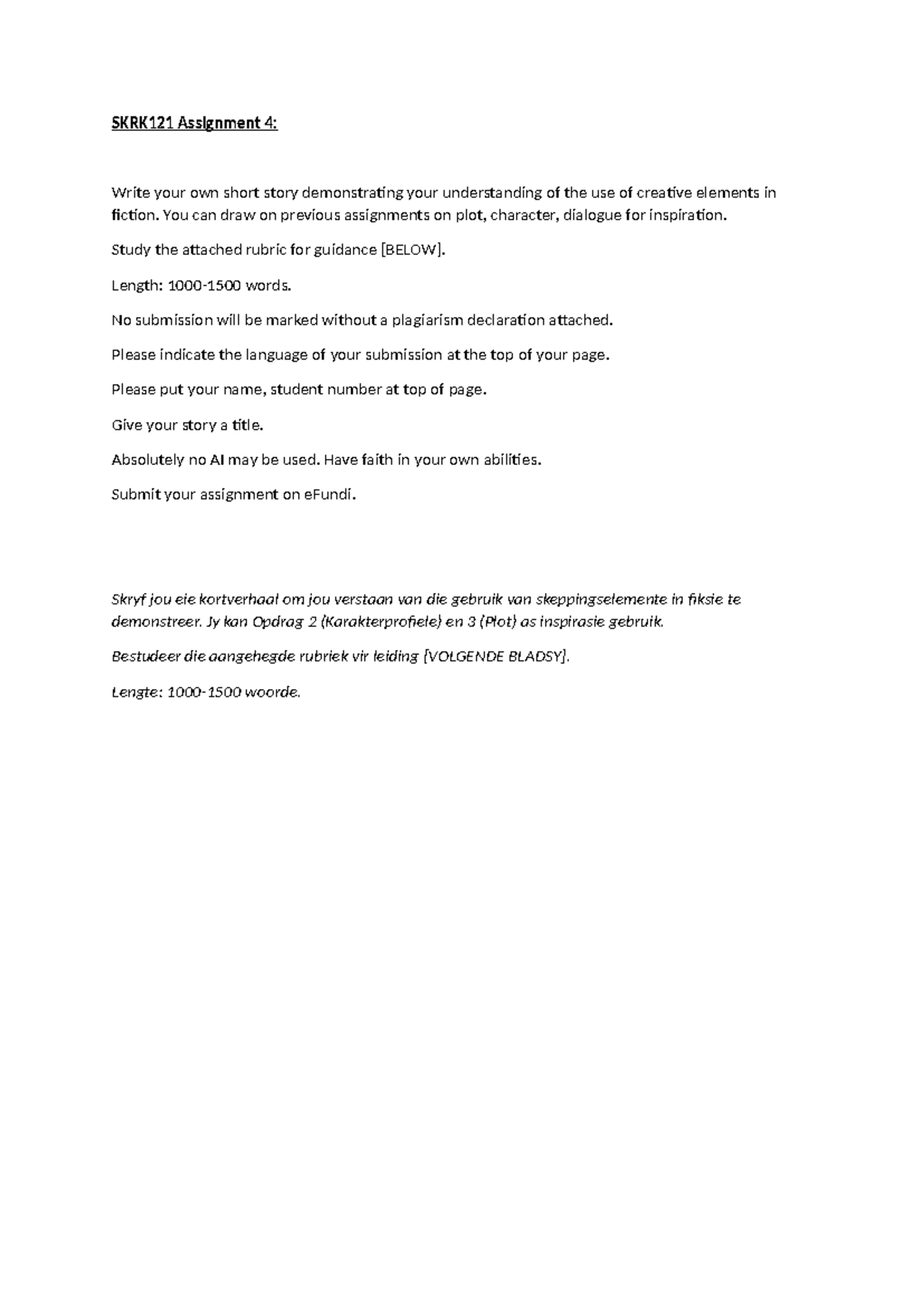SKRK121 Assignment 4: Creative Short Story Writing Guide - Studocu