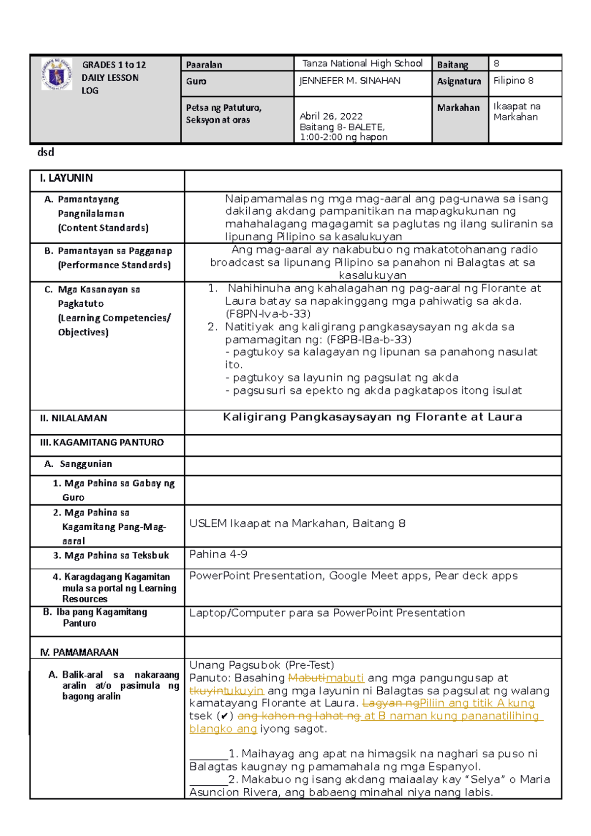 DLP for COT 1 - Grade 8 - Florante at Laura Observation Plan - Studocu