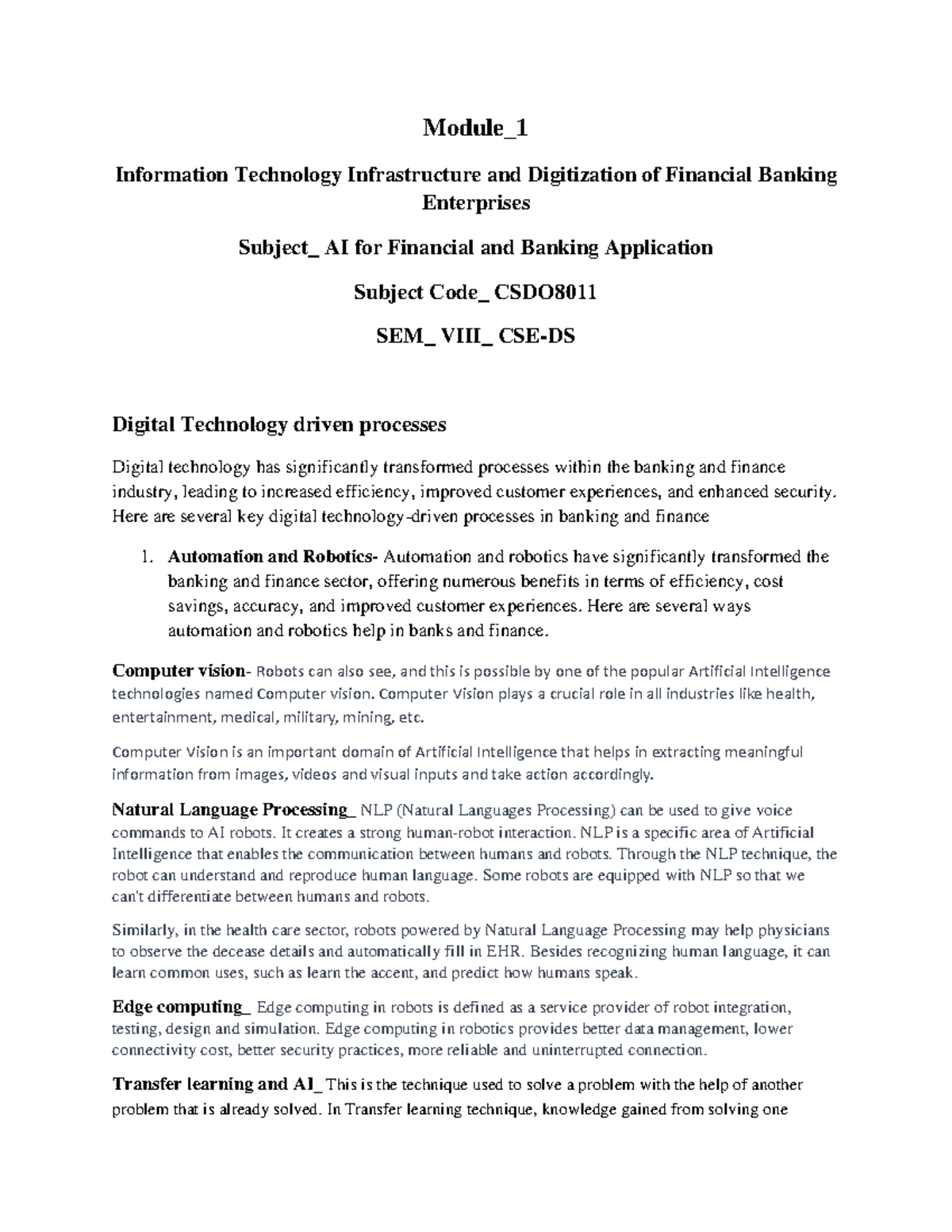 Module 1: IT Infrastructure & Digitization in Banking (CSDO8011) - Studocu