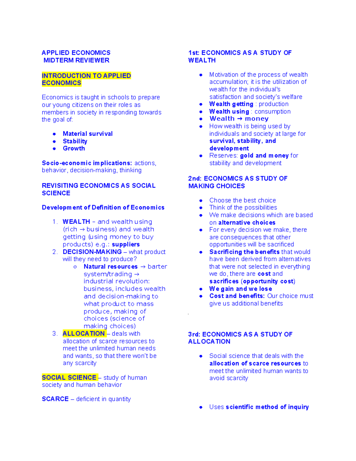 APPLIED ECONOMICS MIDTERM REVIEWER: KEY CONCEPTS & ANALYSIS - Studocu