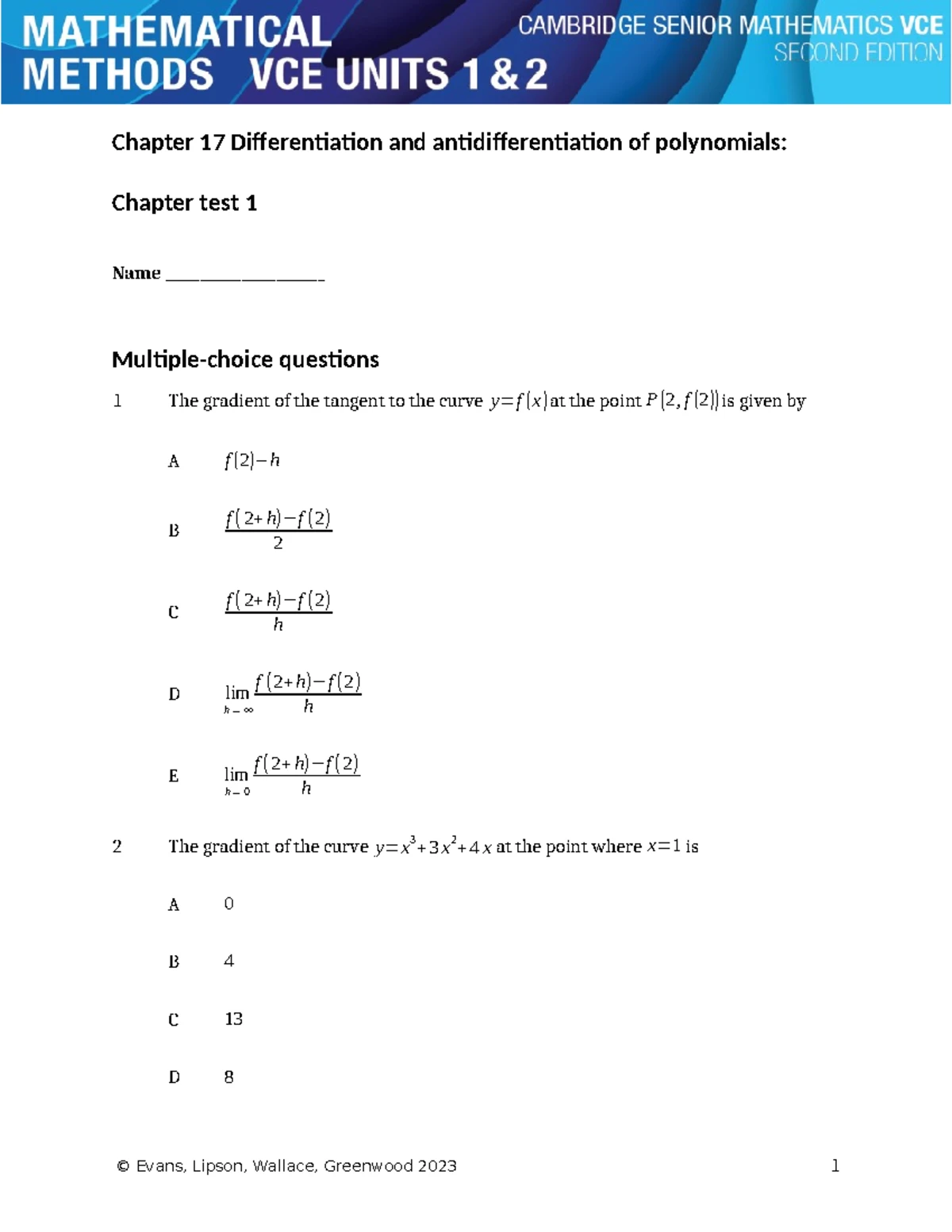 Chapter 17 Test 1 - Differentiation and Antidifferentiation Practice ...