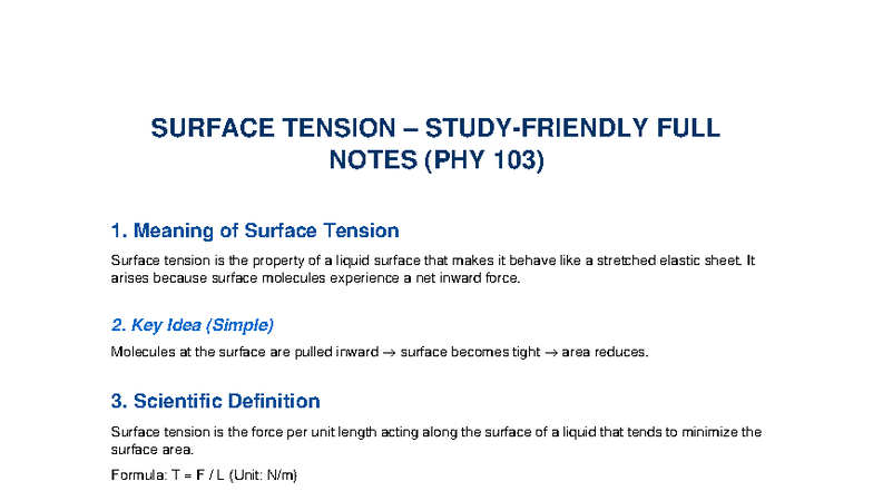 Surface Tension Study Notes (PHY 103) - Studocu