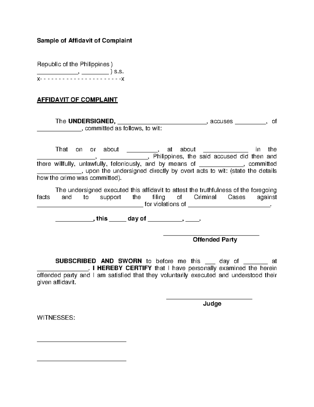 Affidavit of Complaint Template for Legal Filing - Studocu