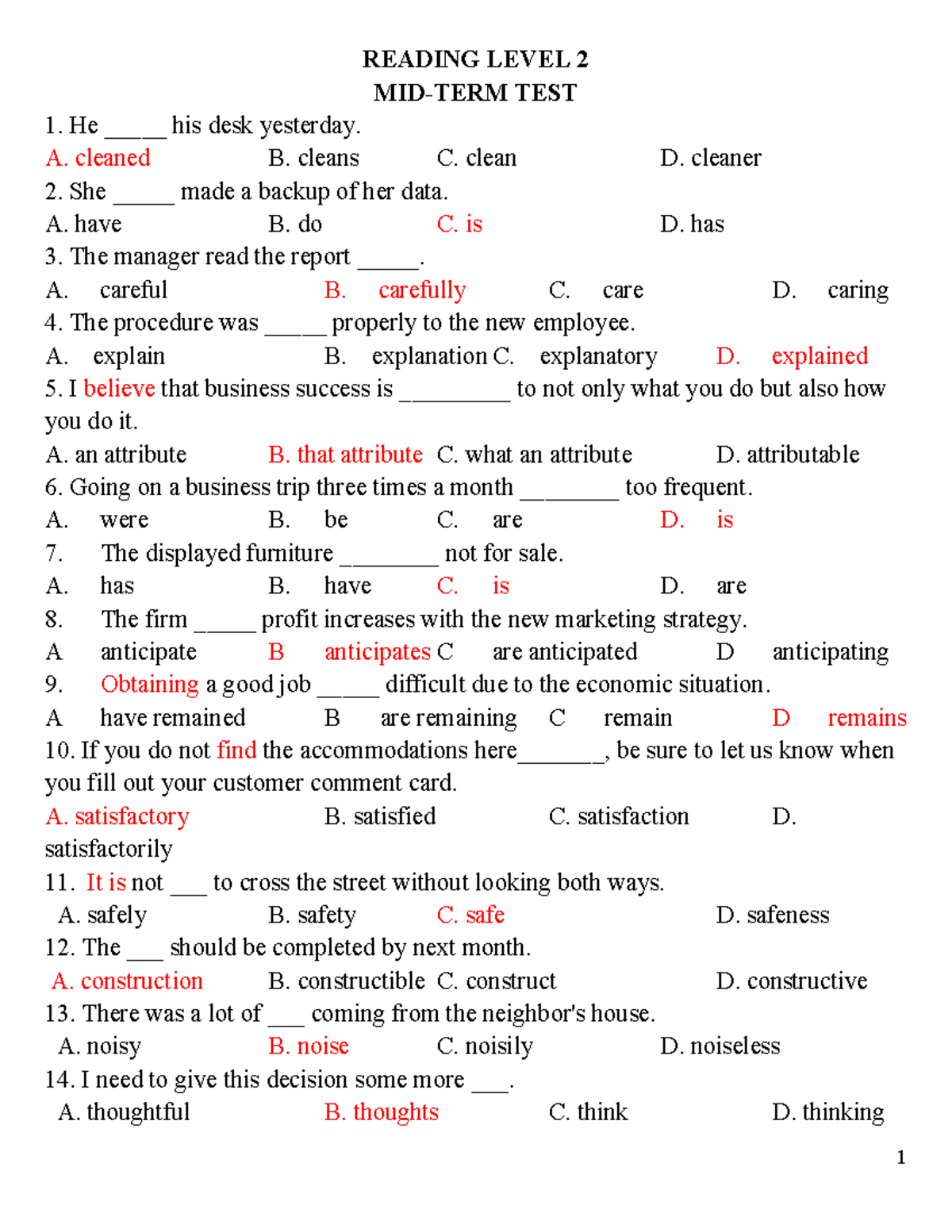 DE 1 - Mid-Term Test on Reading Level 2: Sample Questions and Answers ...