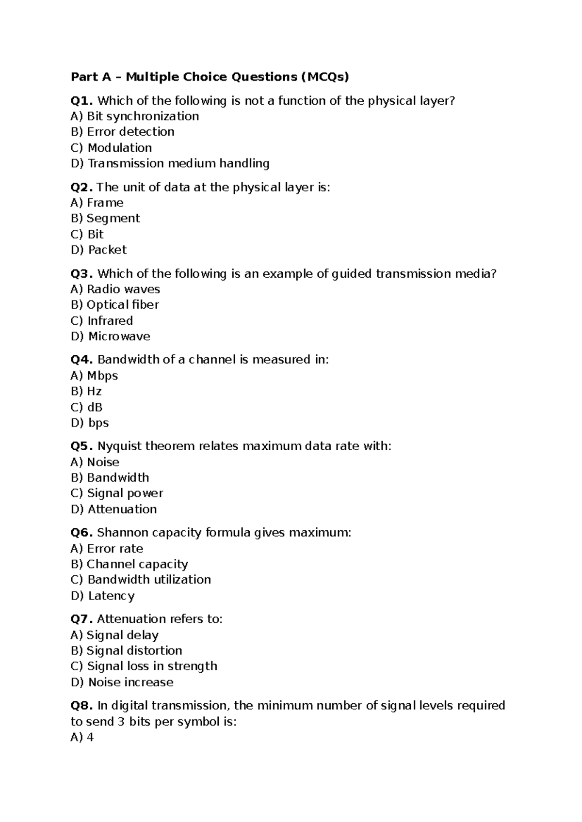 Network Physical Layer MCQs - Dr. Nahida - Studocu