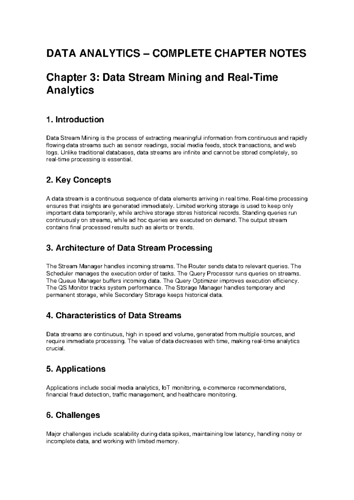 DATA ANALYTICS COMPLETE CHAPTER NOTES: STREAM MINING & FRAMEWORKS - Studocu