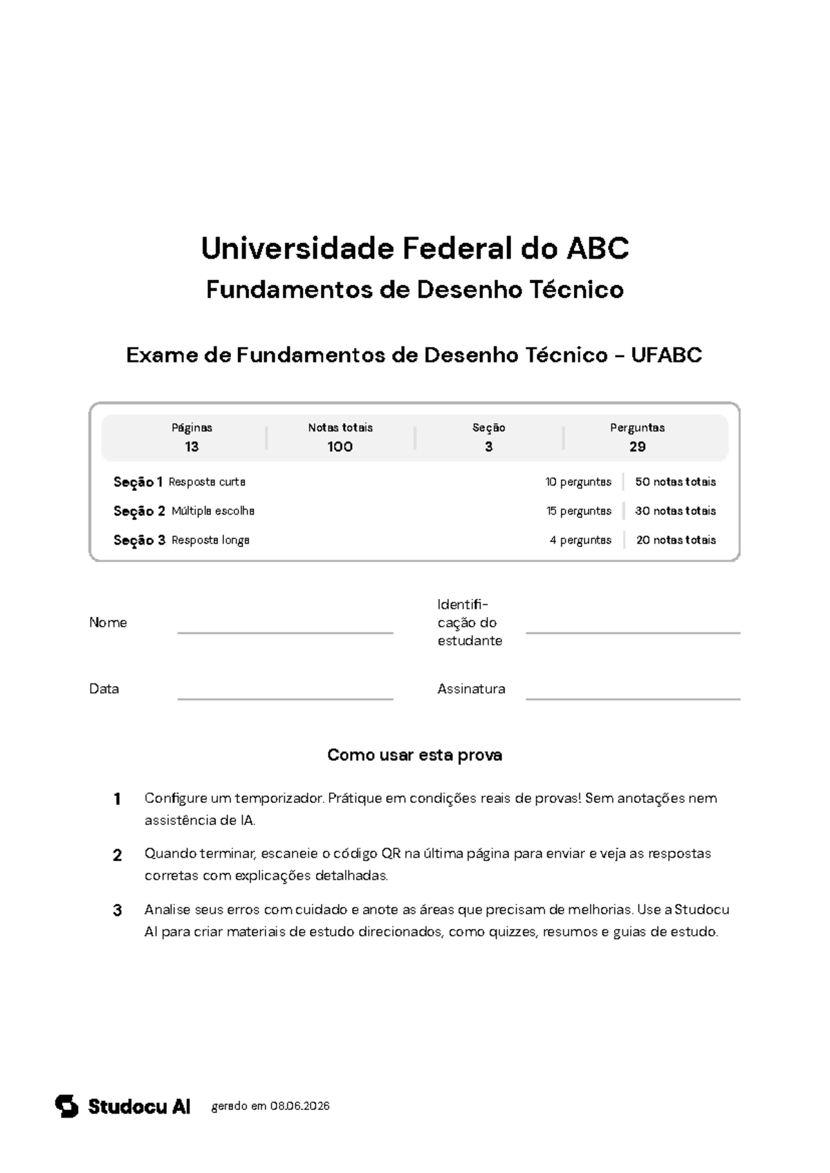 Exame de Fundamentos de Desenho Técnico - UFABC - Studocu