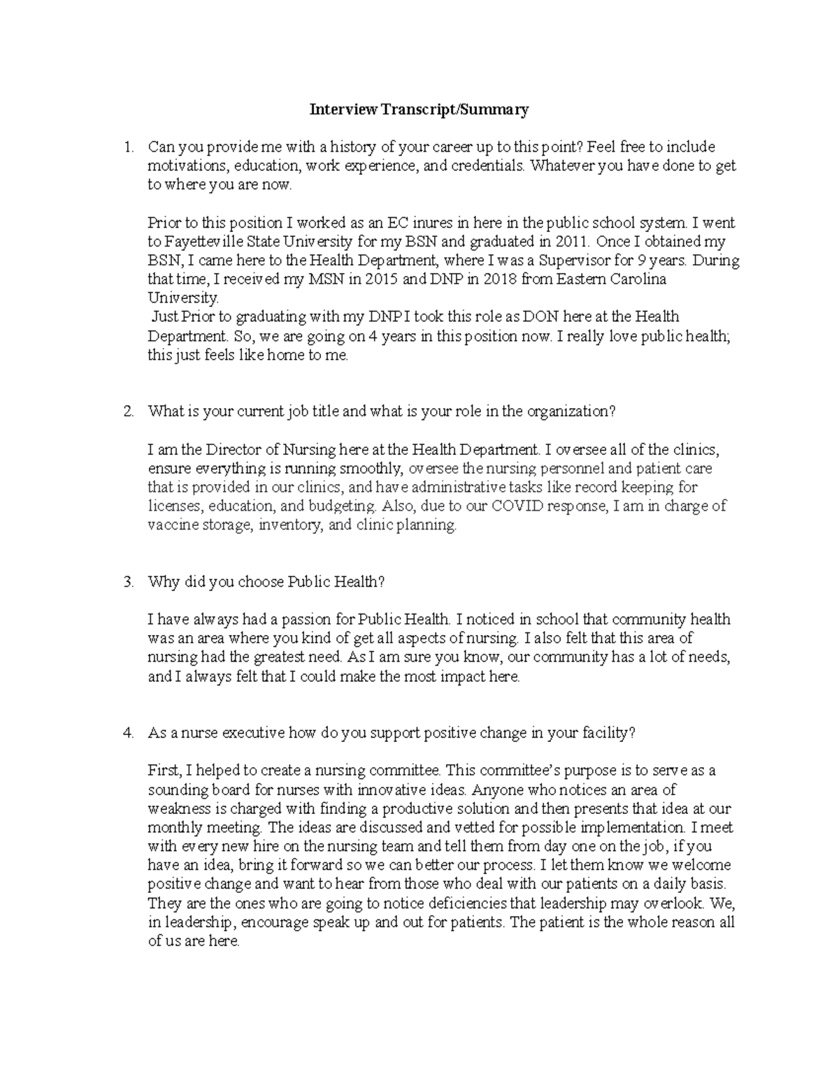 Interview responses - assignment - Interview Transcript/Summary Can you ...