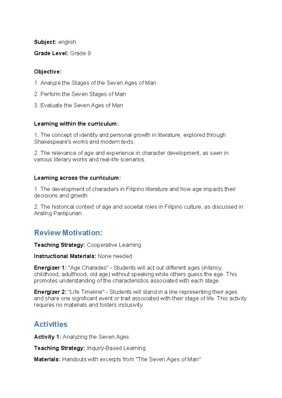 Lesson Plan: Analyzing and Performing the Seven Ages of Man (Grade 9 ...