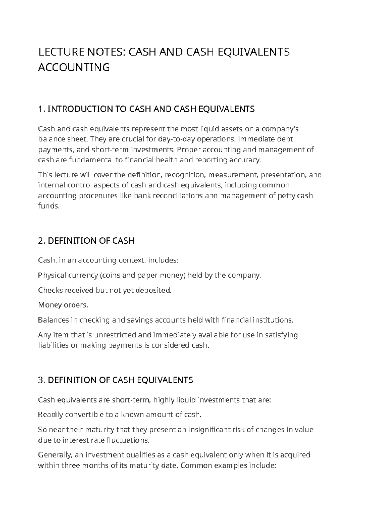 LECTURE NOTES: CASH AND CASH EQUIVALENTS ACCOUNTING - Studocu