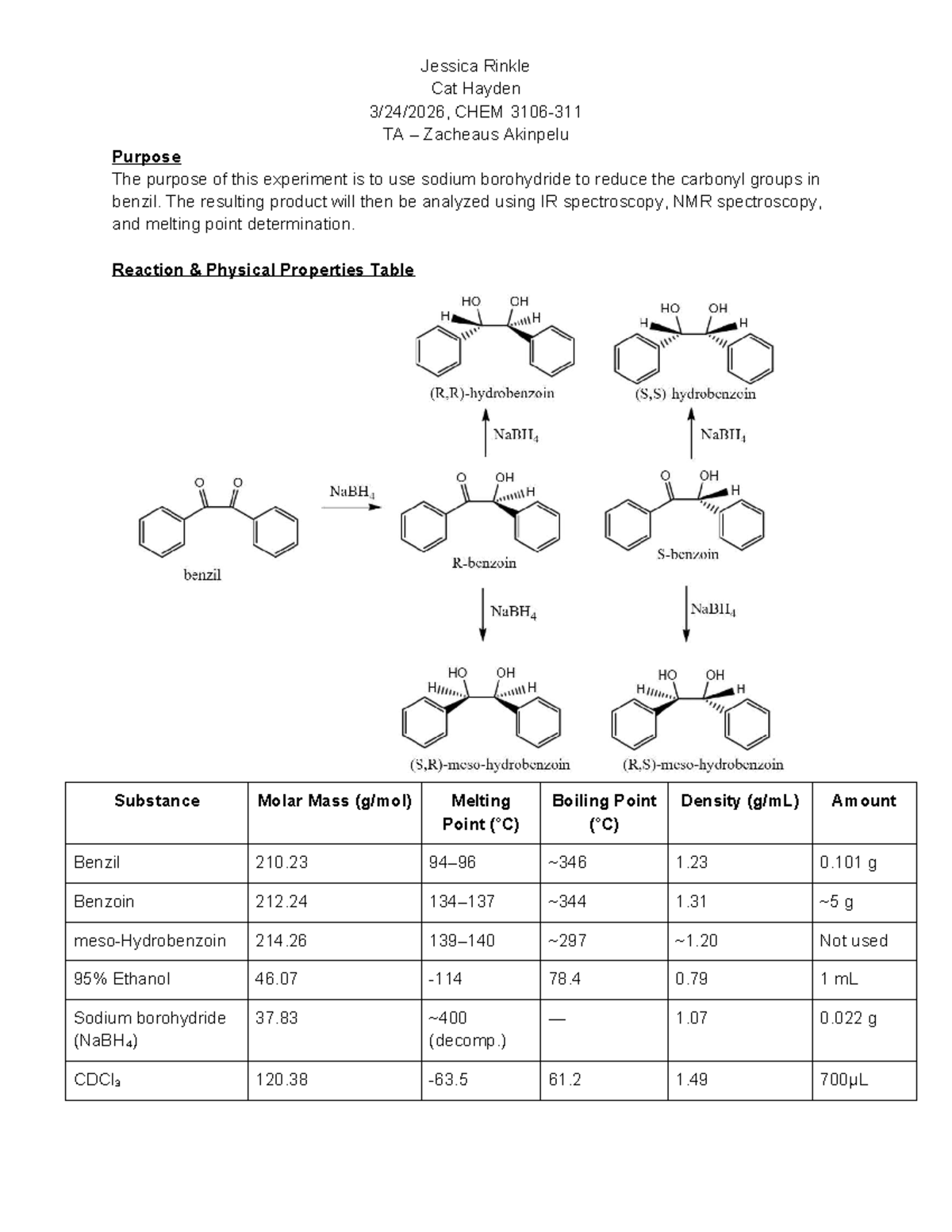 Lab 8 Report: Reduction of Benzil Using NaBH₄ in CHEM TA - Studocu