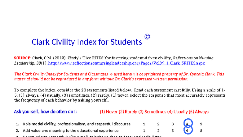 Clark Civility Index for Students: Revised Assessment Tool - Studocu