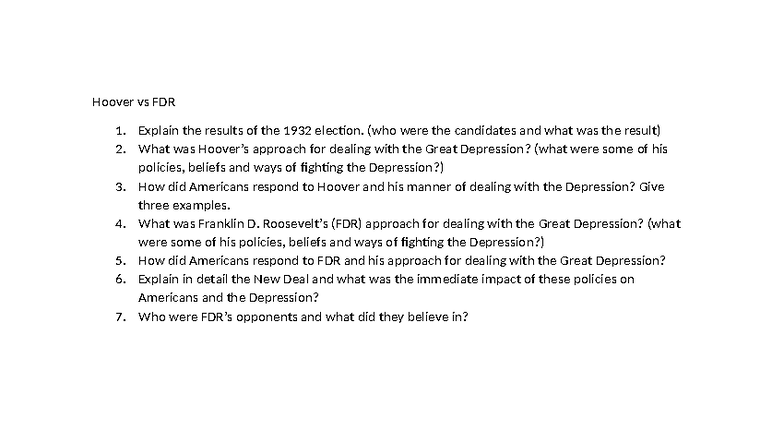 Hoover vs FDR: 1932 Election & Great Depression Policies Analysis - Studocu