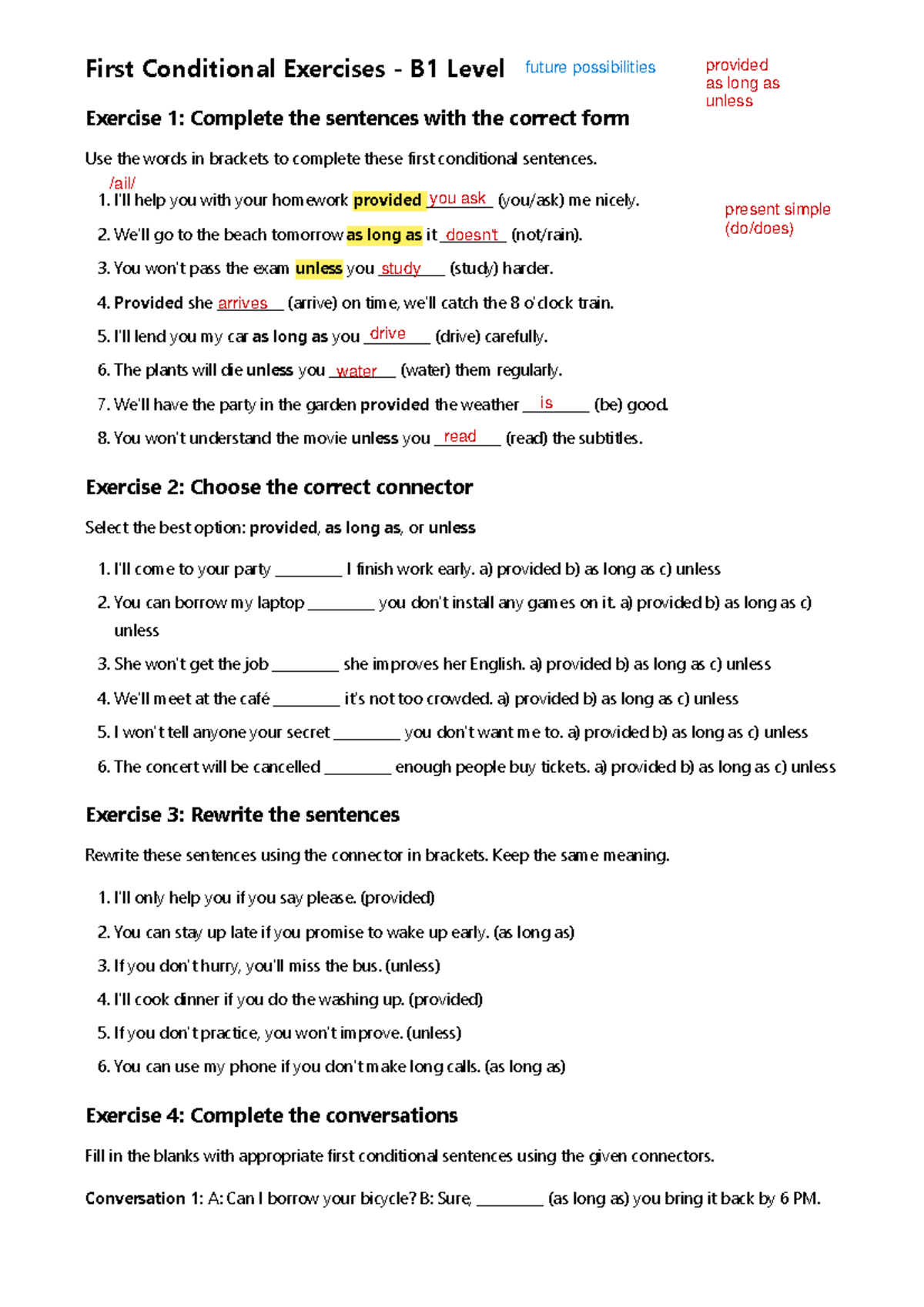First Conditional Exercises - B1 Level: Future Possibilities - Studocu