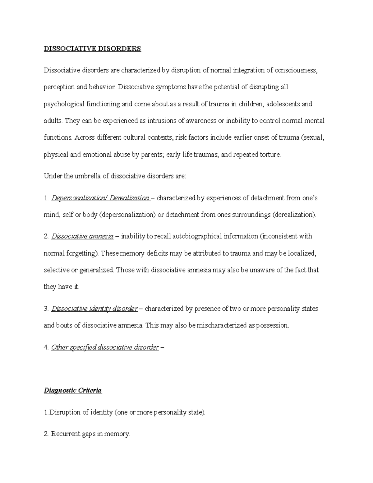 DISSOCIATIVE DISORDERS: Understanding Symptoms and Types - Studocu
