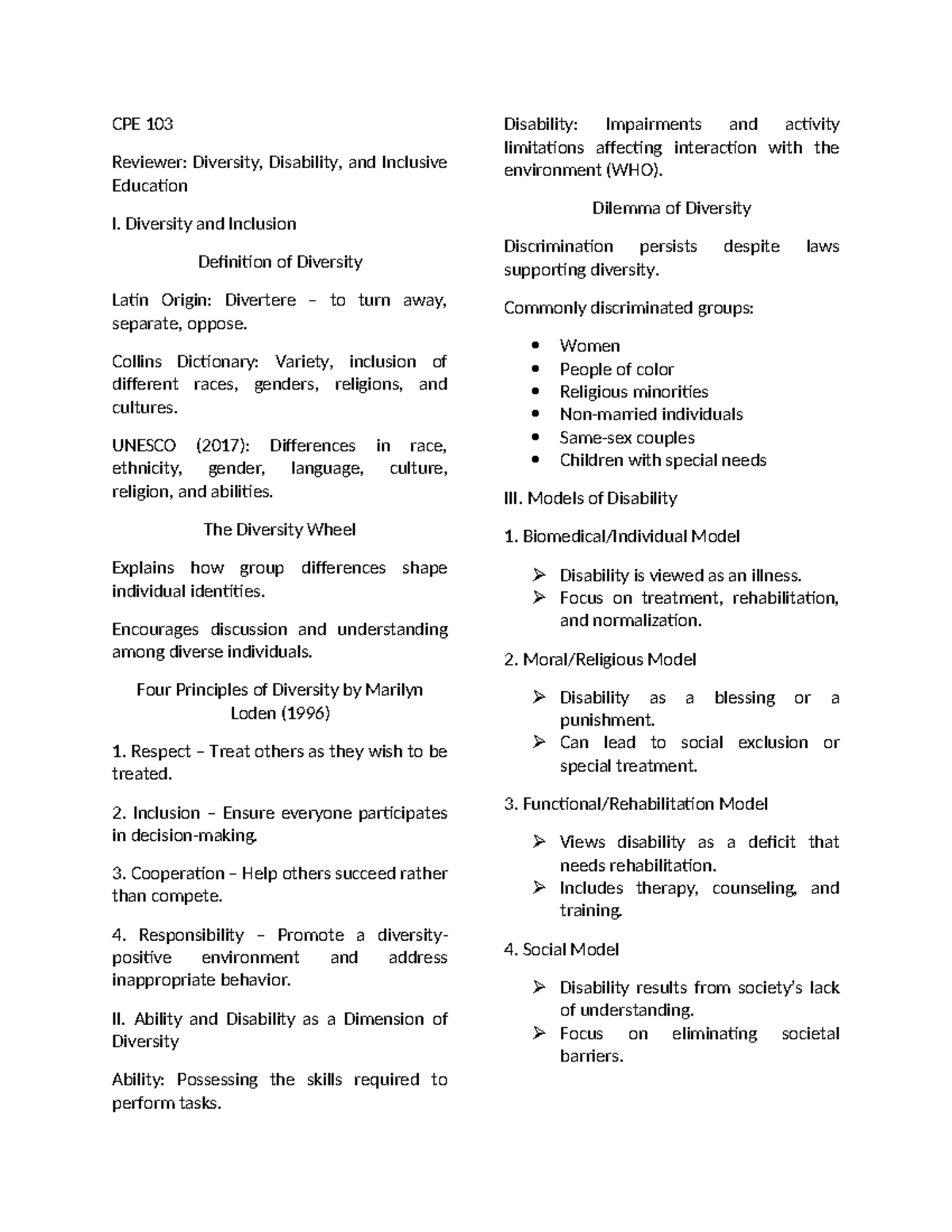 CPE 103 - Reviewer on Diversity, Disability & Inclusive Education - Studocu