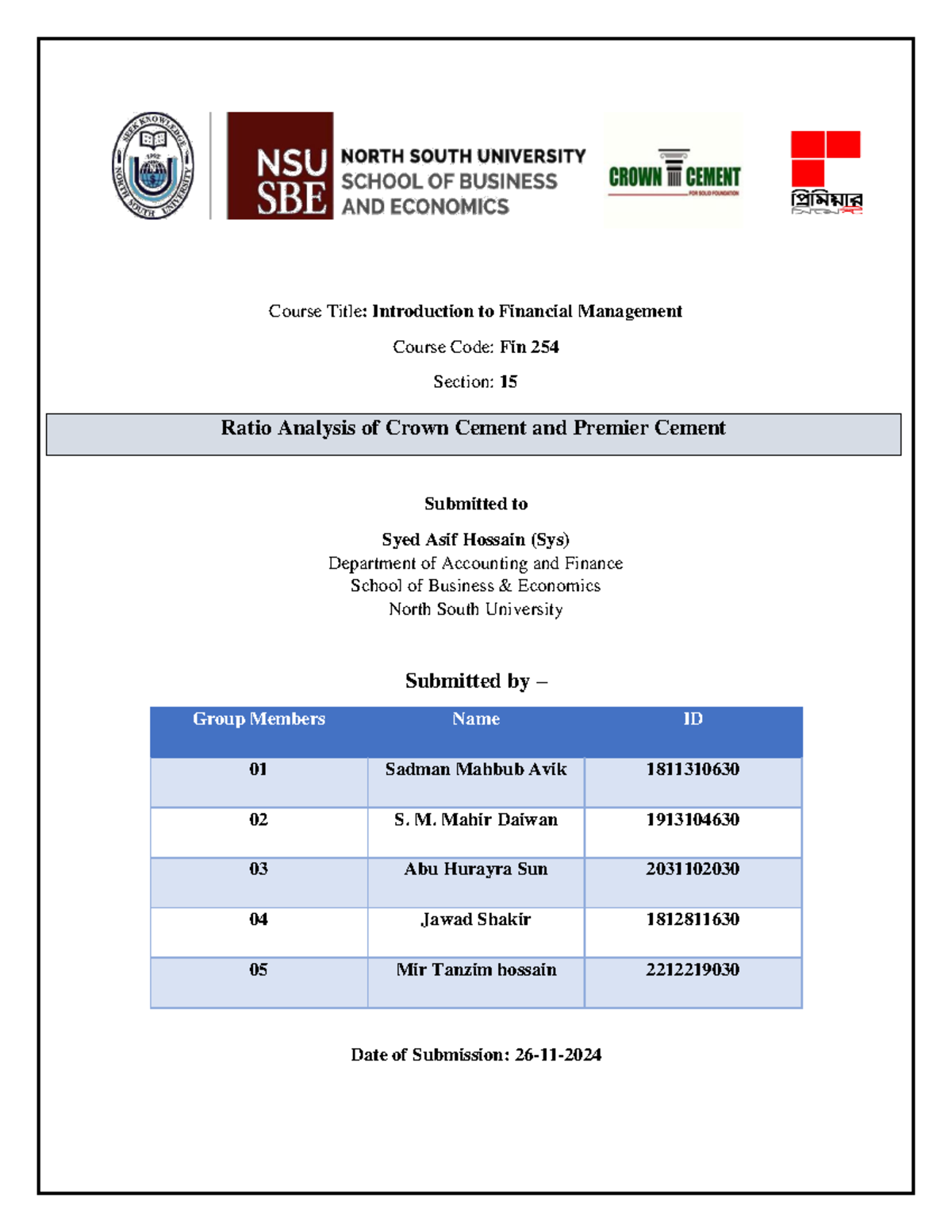Fin 254 Final Report - Course Title: Introduction to Financial ...