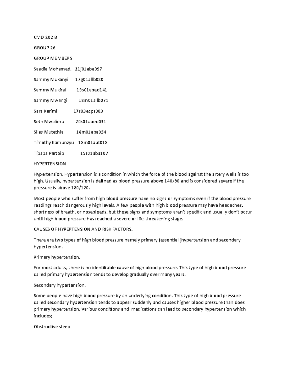 26 Hypertension - good - CMD 202 B GROUP 26 GROUP MEMBERS Saadia ...