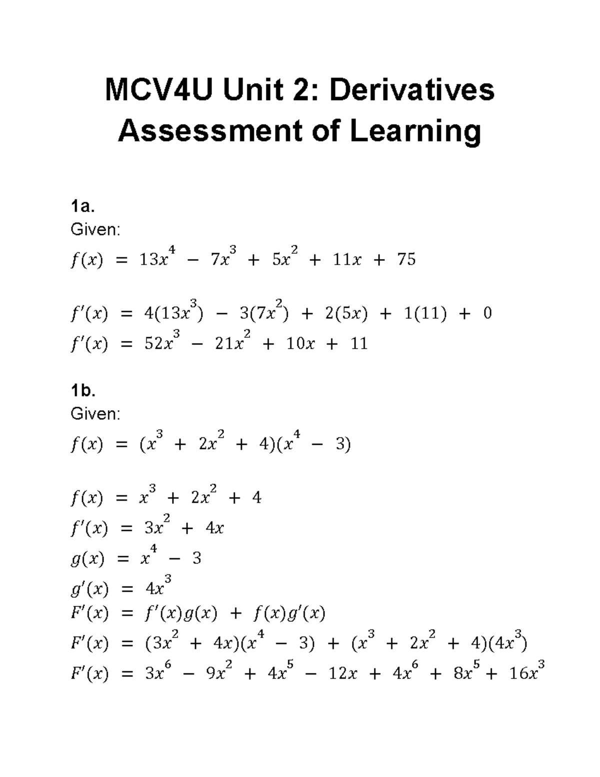 MCV4U Unit 2: Derivatives Analysis and Learning Assessment - Studocu