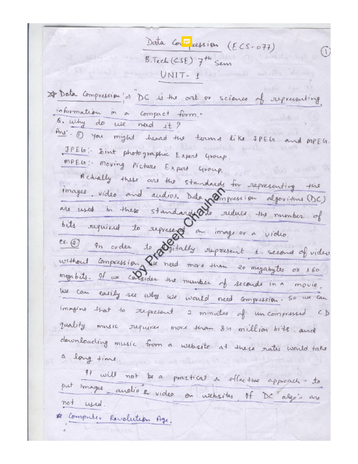 Data Compression Notes - B. Tech (CSE) 7th Sem Unit 1 - Studocu