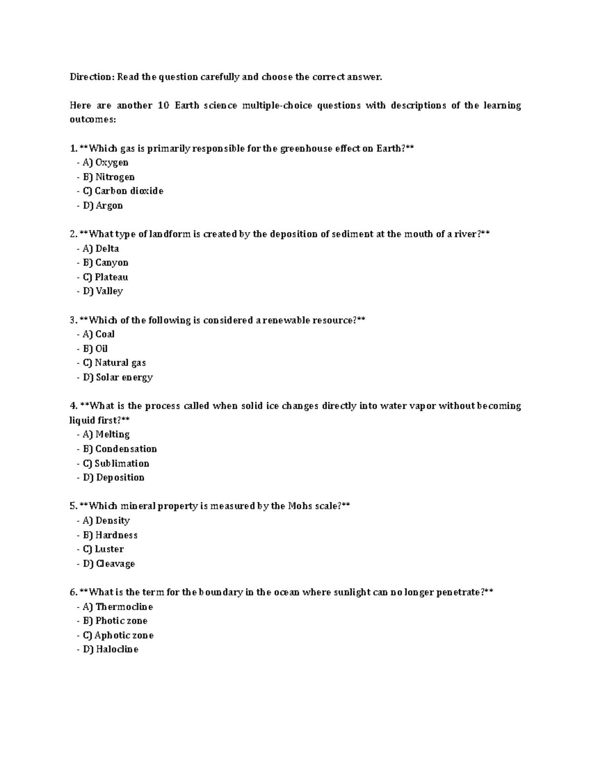 EE21 - Earth Science Quiz: Key Concepts and Learning Outcomes - Studocu