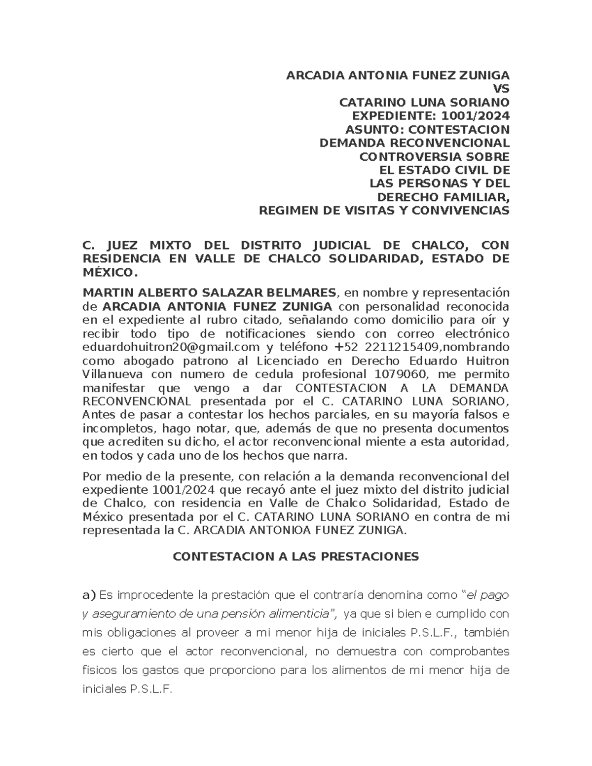 Contestación a Demanda Reconvencional en Régimen de Visitas y ...