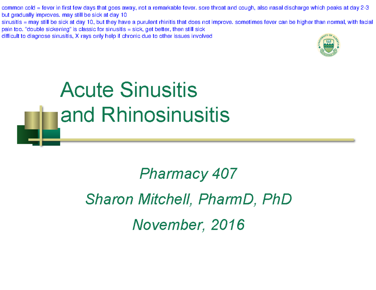 Pharm 407 - Acute Sinusitis Overview and Management Notes - Studocu