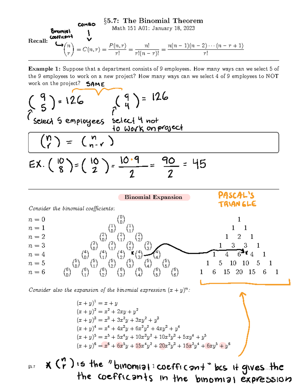 Math 151 A01: In-Class Notes on Binomial Theorem (Sec 5) - Studocu