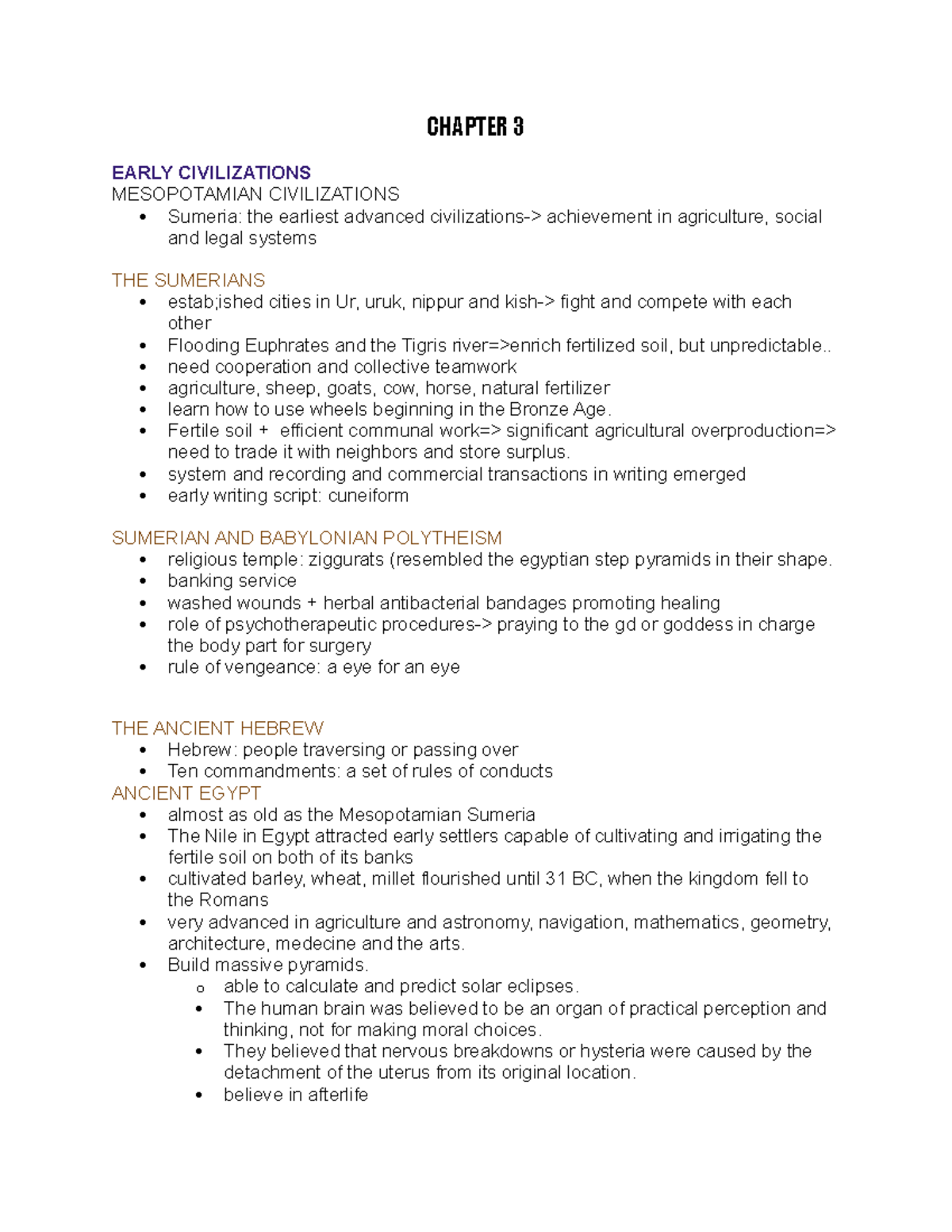 403 Chapter 3 - notes - CHAPTER 3 EARLY CIVILIZATIONS MESOPOTAMIAN ...