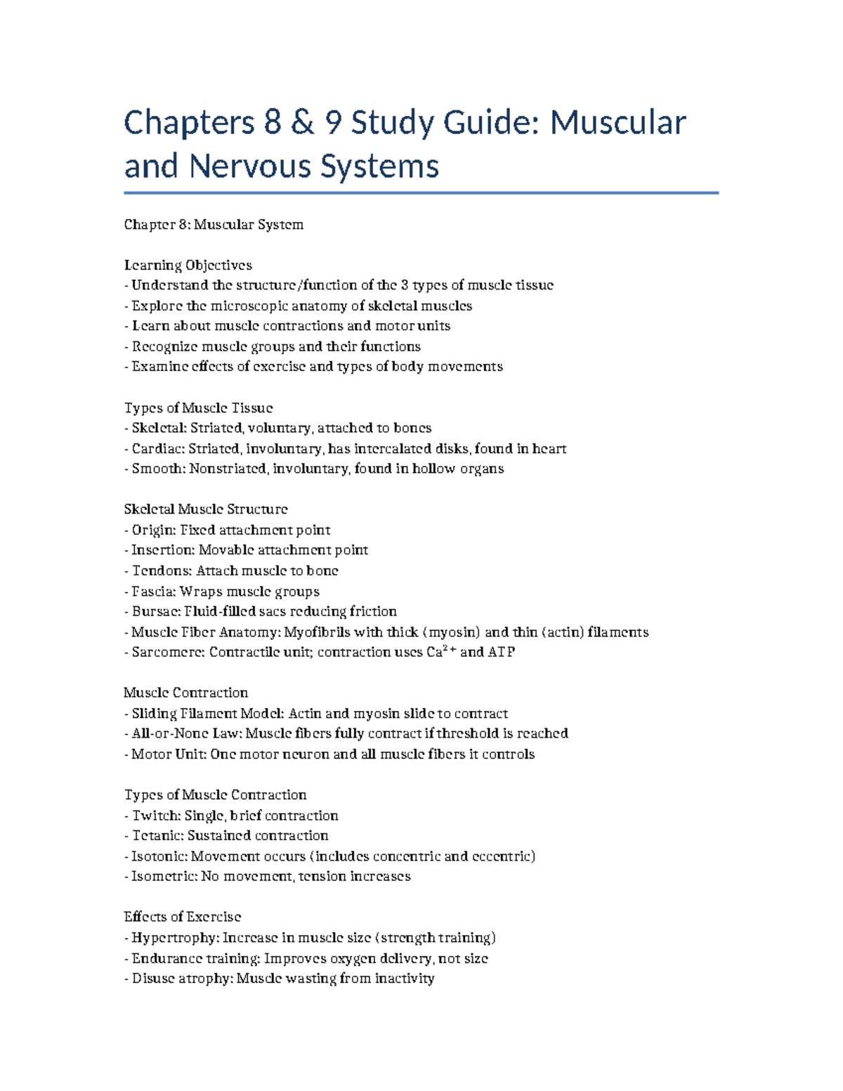Ch8 9 Study Guide: Muscular & Nervous Systems Overview - Studocu
