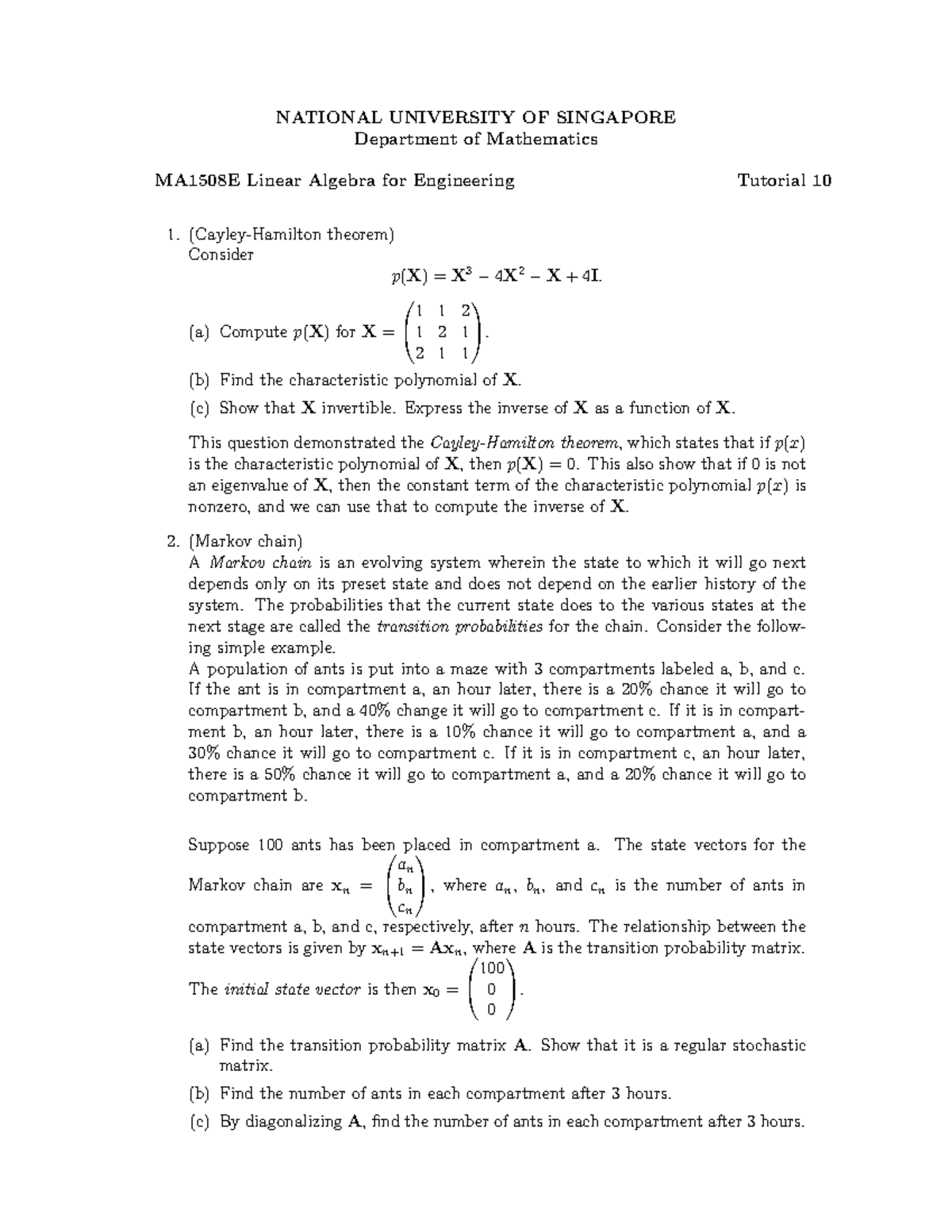 Tutorial 10 - NATIONAL UNIVERSITY OF SINGAPORE Department of ...