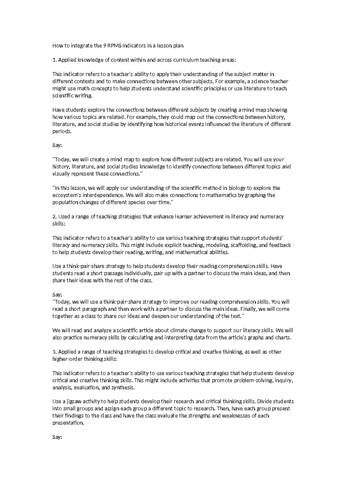 RPMS Lesson Plan Indicators Integration Strategy Guide - Studocu