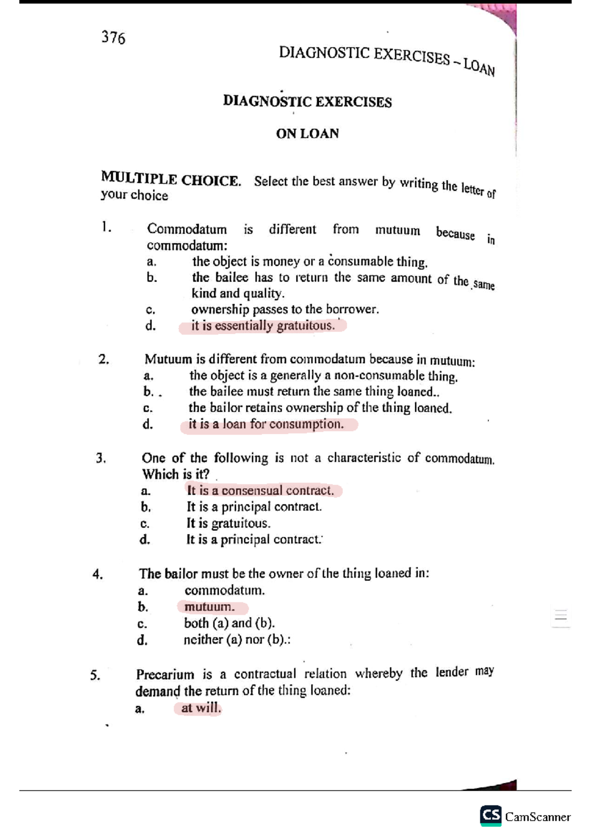 CS 376 DIAGNOSTIC EXERCISES ON LOAN: MULTIPLE CHOICE QUESTIONS - Studocu