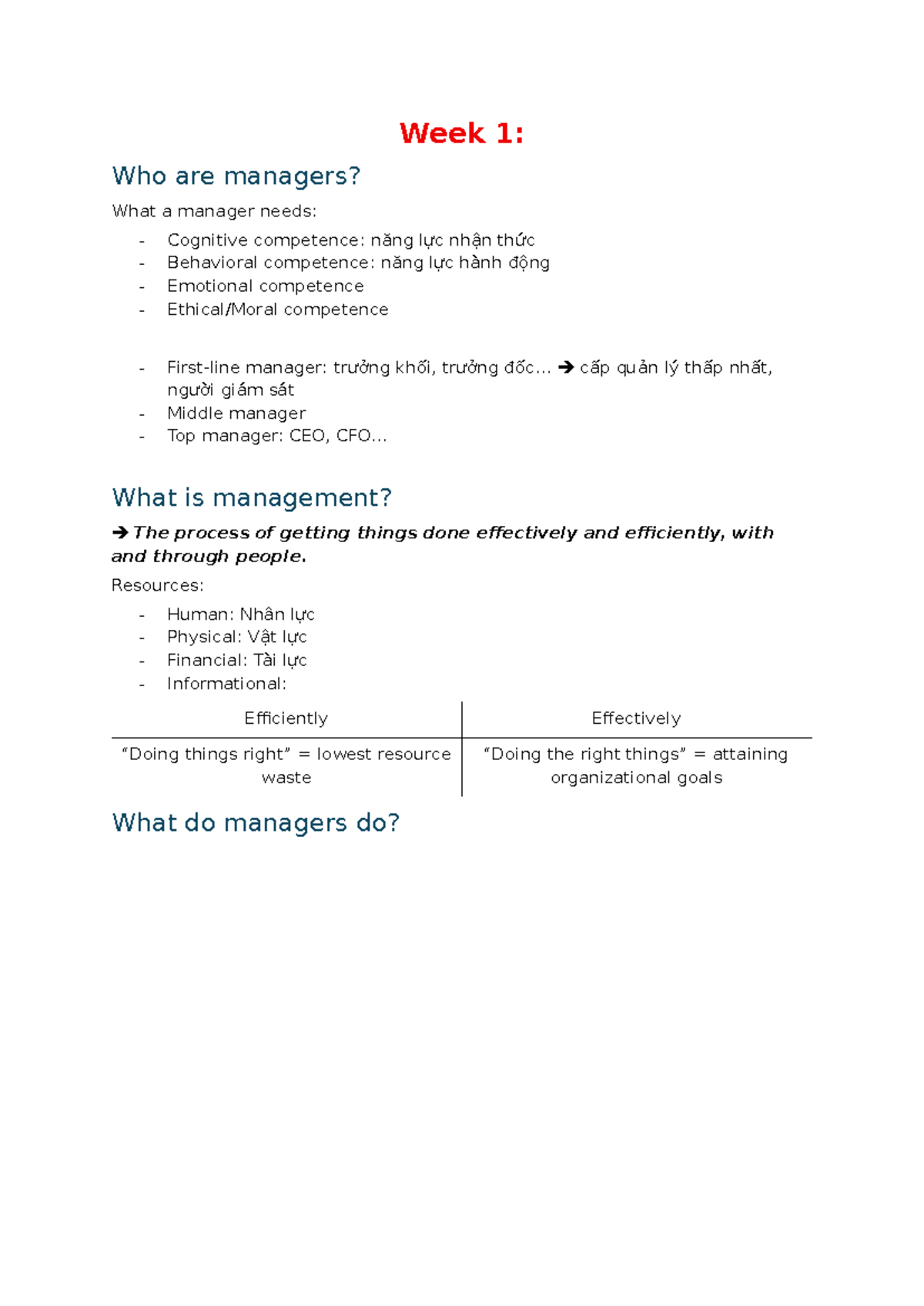 Take note - principles of operations management - Week 1: Who are managers? What a manager needs ...