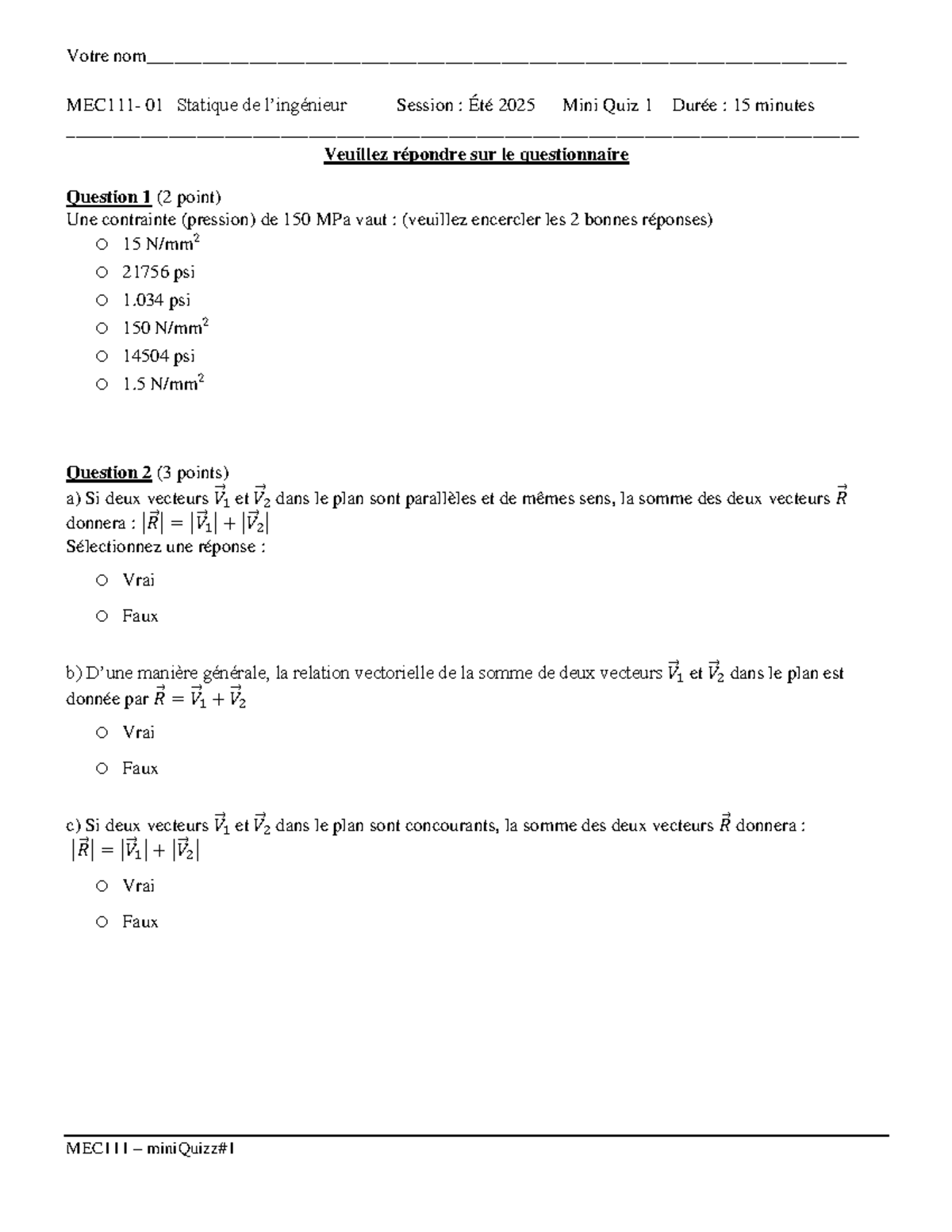 Mini Quiz 1 É25 Statique de Session : Été 2025 - Studocu