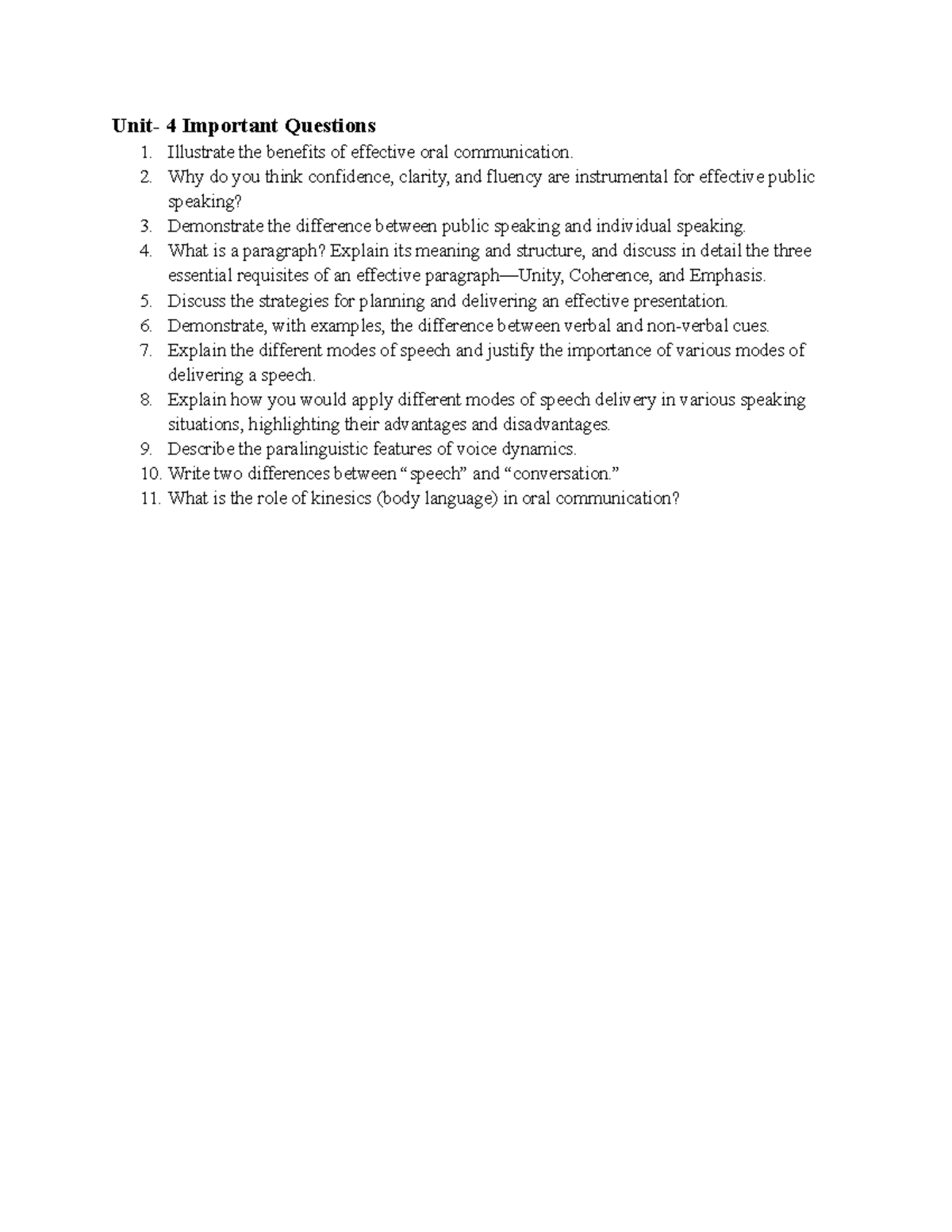 Unit 4: Key Questions on Effective Oral Communication Techniques - Studocu