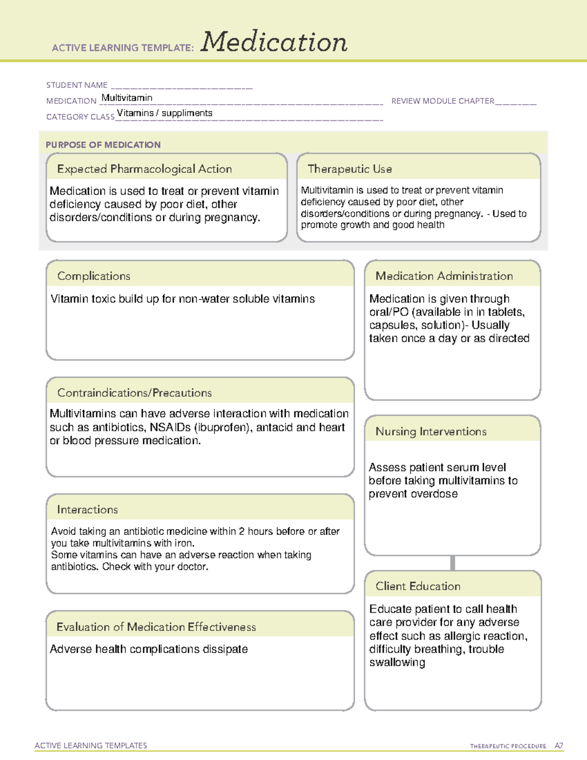 ATI Multivitamin Med Sheet: Active Learning Template for Nursing - Studocu