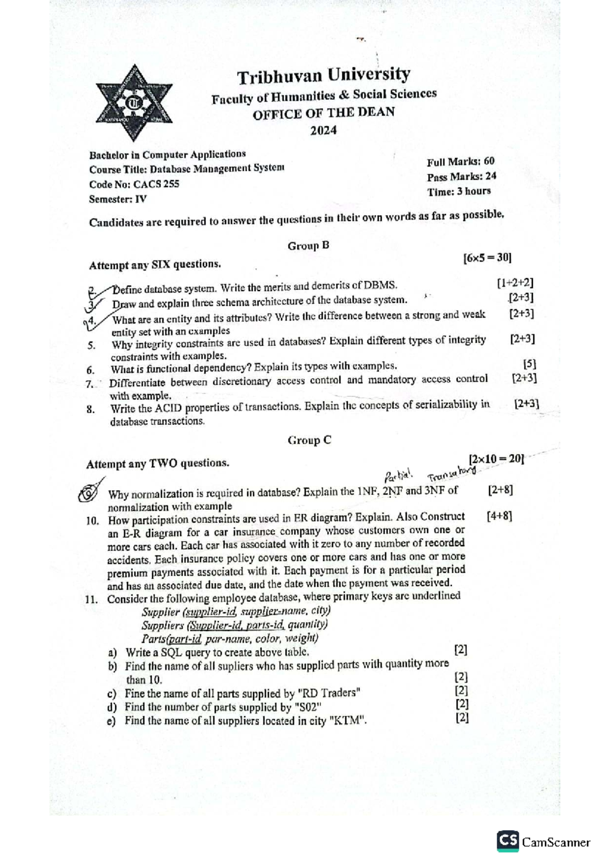 4th Sem DBMS 2024 Question Paper - CACS 255 - Studocu