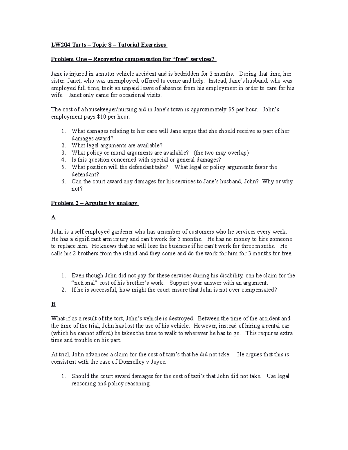 LW204 Torts – Topic 8 – Tutorial Feedback and Guidelines - Studocu